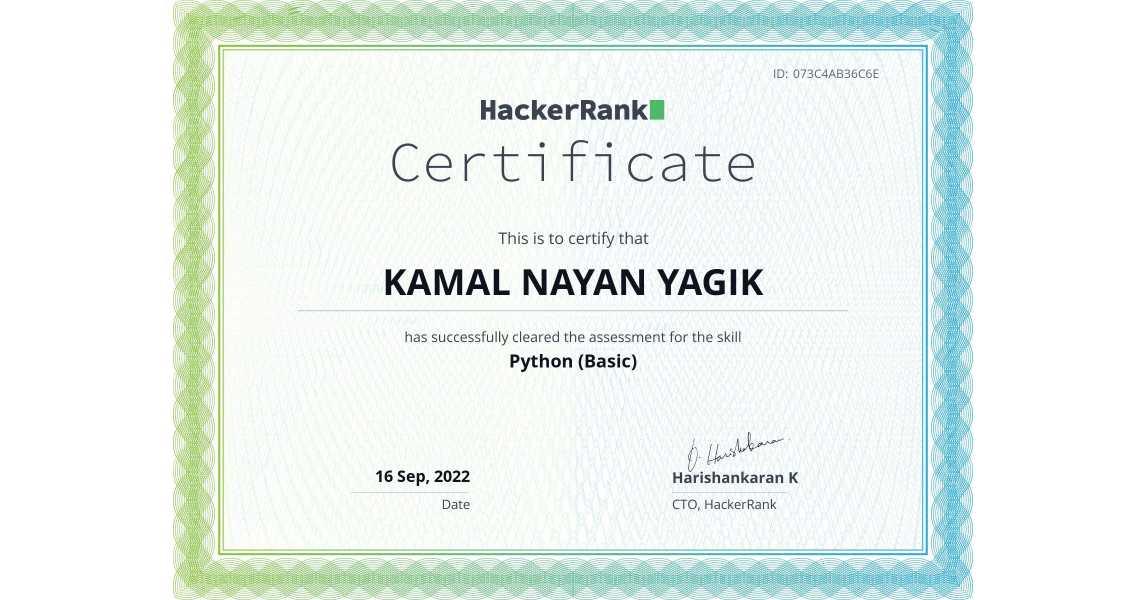 Kamal Nayan Yagik on LinkedIn: HackerRank Skill Certificate Kamal Nayan Yagik on LinkedIn: HackerRank Skill Certificate