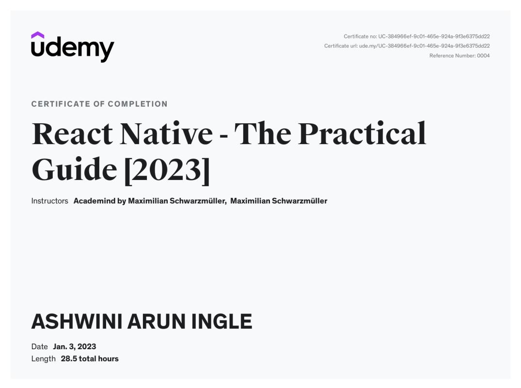 Ashwini Ingle on LinkedIn: Udemy Course Completion Certificate Ashwini Ingle on LinkedIn: Udemy Course Completion Certificate