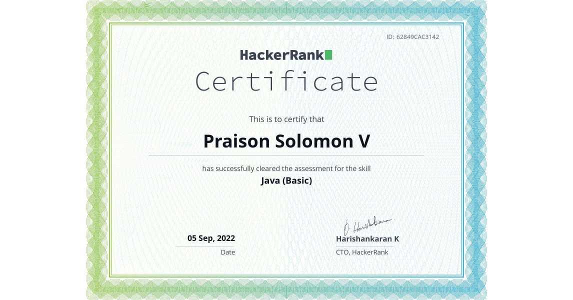 Praison Solomon V on LinkedIn: HackerRank Skill Certificate Praison Solomon V on LinkedIn: HackerRank Skill Certificate