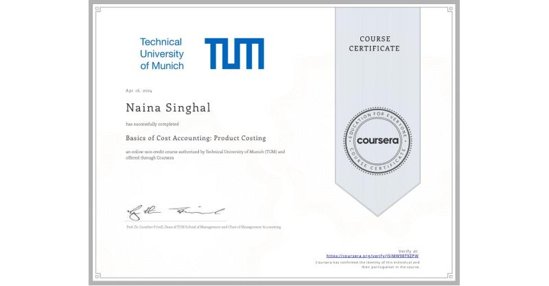 Naina Singhal on LinkedIn: Completion Certificate for Basics of Cost ... Naina Singhal on LinkedIn: Completion Certificate for Basics of Cost ...