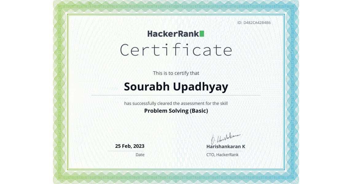 Sourabh Upadhyay on LinkedIn: HackerRank Skill Certificate Sourabh Upadhyay on LinkedIn: HackerRank Skill Certificate