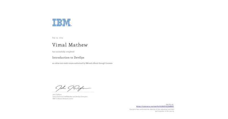 Vimal Mathew on LinkedIn: Completion Certificate for Introduction to DevOps Vimal Mathew on LinkedIn: Completion Certificate for Introduction to DevOps