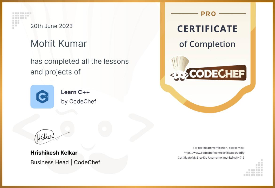 Mohit Kumar on LinkedIn: CodeChef Certificate - Mohit Kumar Mohit Kumar on LinkedIn: CodeChef Certificate - Mohit Kumar