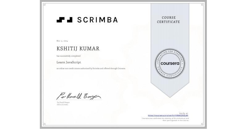Kshitij Kumar on LinkedIn: Completion Certificate for Learn JavaScript Kshitij Kumar on LinkedIn: Completion Certificate for Learn JavaScript