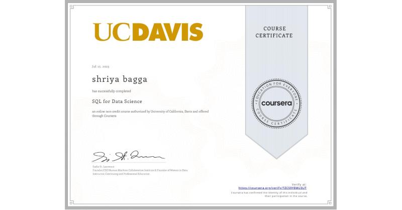 Shriya Bagga on LinkedIn: Completion Certificate for SQL for Data Science Shriya Bagga on LinkedIn: Completion Certificate for SQL for Data Science