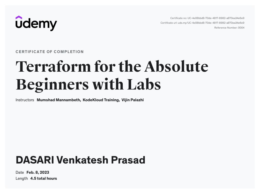 Venkatesh Prasad Dasari on LinkedIn: Udemy Course Completion Certificate Venkatesh Prasad Dasari on LinkedIn: Udemy Course Completion Certificate