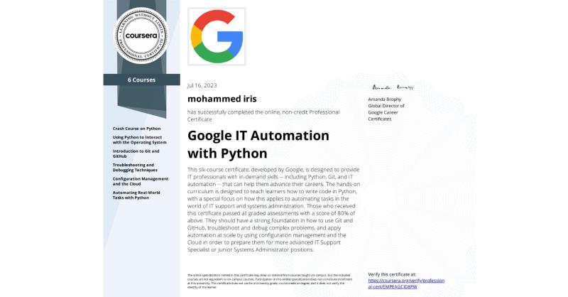 Mohammed Iris on LinkedIn: Completion Certificate for Google IT ... Mohammed Iris on LinkedIn: Completion Certificate for Google IT ...