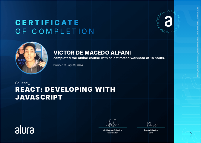 Victor Alfani on LinkedIn: Victor de Macedo Alfani - Course React ... Victor Alfani on LinkedIn: Victor de Macedo Alfani - Course React ...