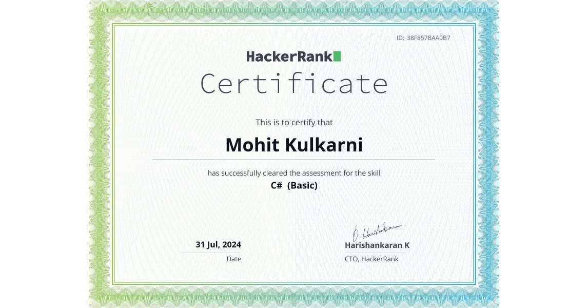 Mohit Kulkarni on LinkedIn: HackerRank Skill Certificate Mohit Kulkarni on LinkedIn: HackerRank Skill Certificate