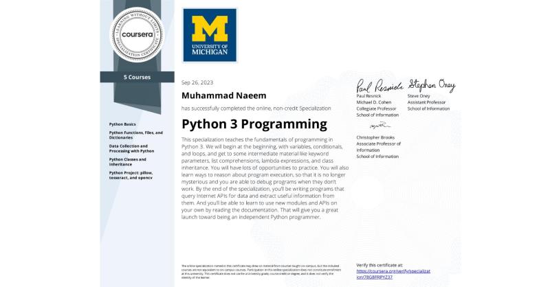 Muhammad Naeem on LinkedIn: Completion Certificate for Python 3 Programming Muhammad Naeem on LinkedIn: Completion Certificate for Python 3 Programming