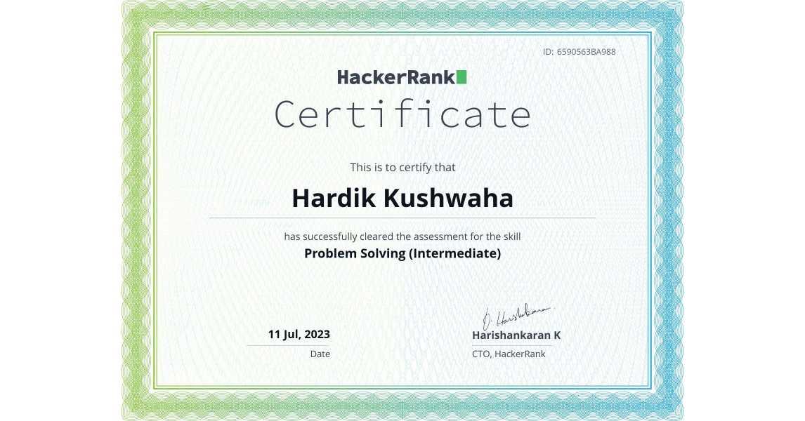 Hardik Kushwaha on LinkedIn: HackerRank Skill Certificate Hardik Kushwaha on LinkedIn: HackerRank Skill Certificate
