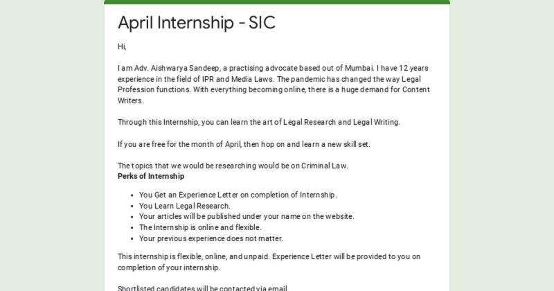 Aishwarya Sandeep (She/her) on LinkedIn: April Internship - SIC Aishwarya Sandeep (She/her) on LinkedIn: April Internship - SIC