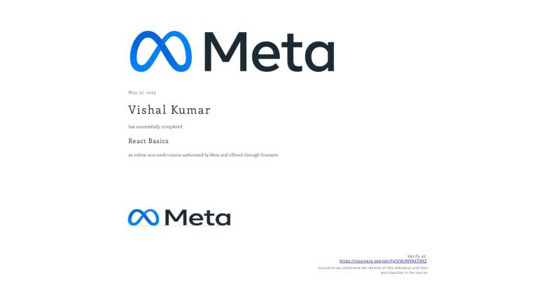 Vishal Kumar on LinkedIn: Completion Certificate for React Basics Vishal Kumar on LinkedIn: Completion Certificate for React Basics