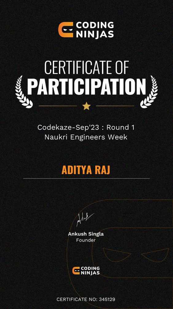 ADITYA RAJ on LinkedIn: Codingninjas | Participation ADITYA RAJ on LinkedIn: Codingninjas | Participation