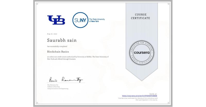 Saurabh Sain on LinkedIn: Completion Certificate for Blockchain Basics Saurabh Sain on LinkedIn: Completion Certificate for Blockchain Basics