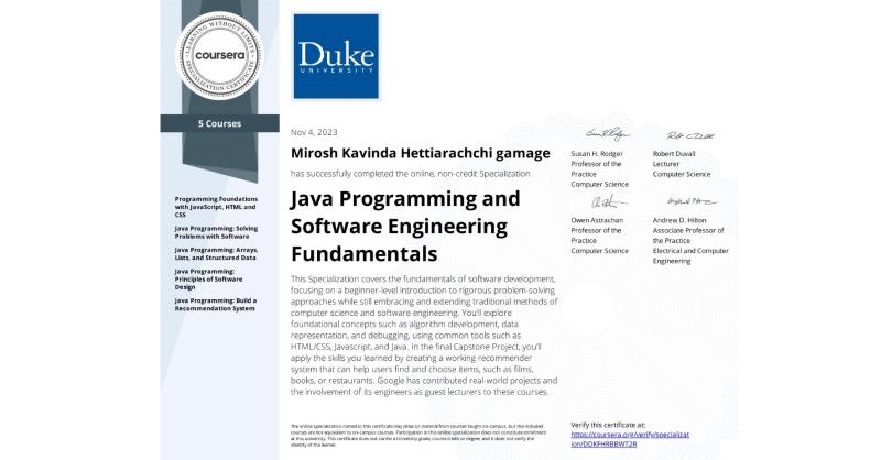Mirosh Kavinda on LinkedIn: Completion Certificate for Java Programming ... Mirosh Kavinda on LinkedIn: Completion Certificate for Java Programming ...