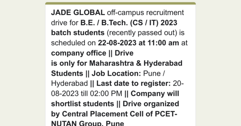 Dr. Shitalkumar Rawandale on LinkedIn: JADE GLOBAL off-campus ... Dr. Shitalkumar Rawandale on LinkedIn: JADE GLOBAL off-campus ...