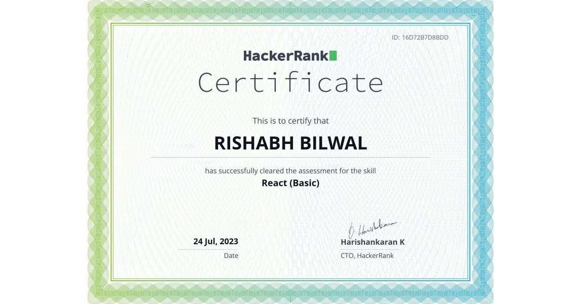 Rishabh Bilwal on LinkedIn: HackerRank Skill Certificate Rishabh Bilwal on LinkedIn: HackerRank Skill Certificate