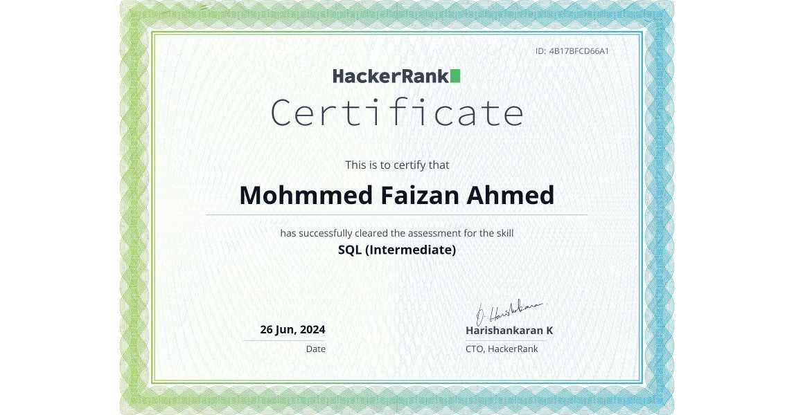 Mohammed Faizan Ahmed on LinkedIn: HackerRank Skill Certificate Mohammed Faizan Ahmed on LinkedIn: HackerRank Skill Certificate