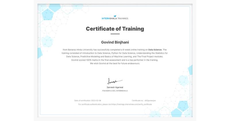 GOVIND BINJHANI on LinkedIn: Successfully completed the Data Science ... GOVIND BINJHANI on LinkedIn: Successfully completed the Data Science ...