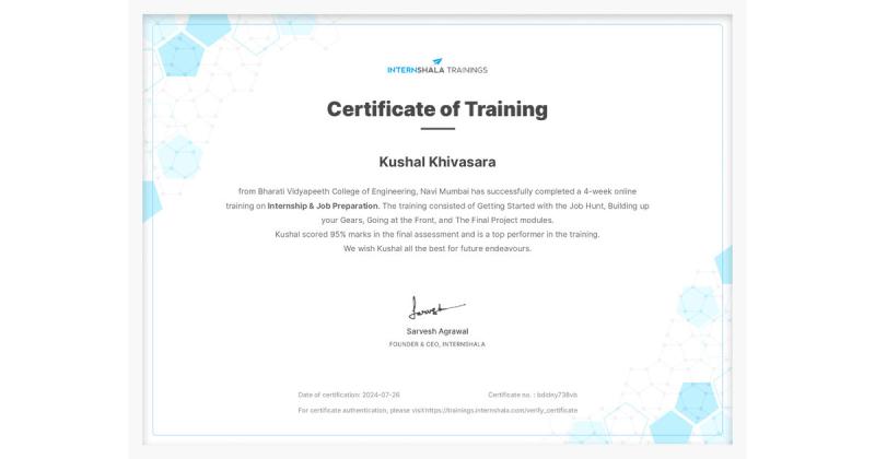 Kushal Khivasara on LinkedIn: Successfully completed the Internship ... Kushal Khivasara on LinkedIn: Successfully completed the Internship ...