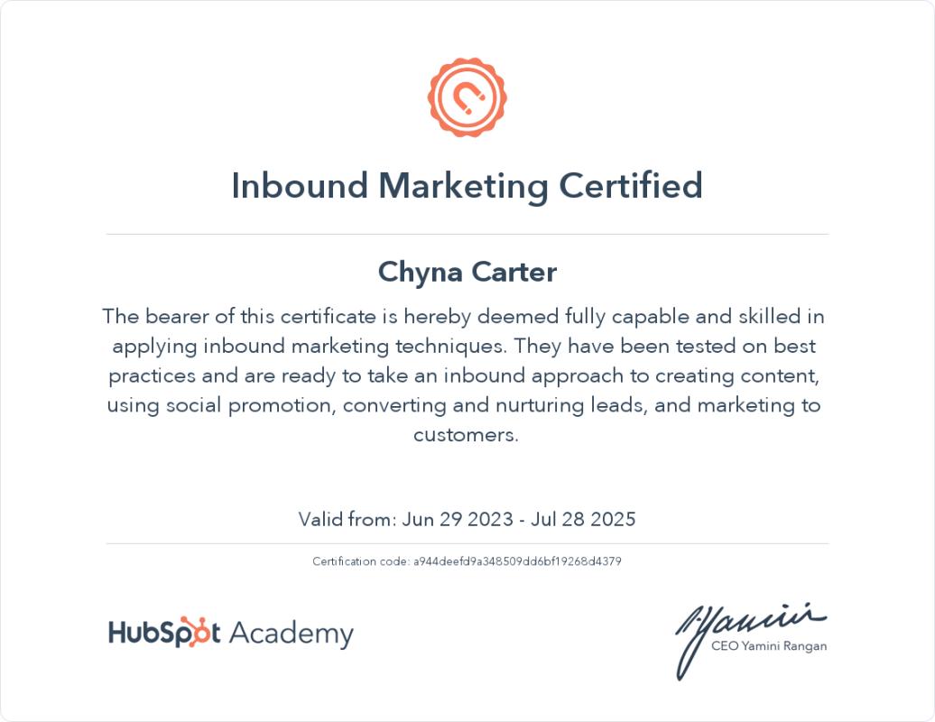 Chyna Carter on LinkedIn: HubSpot Academy Inbound Marketing Certification Chyna Carter on LinkedIn: HubSpot Academy Inbound Marketing Certification