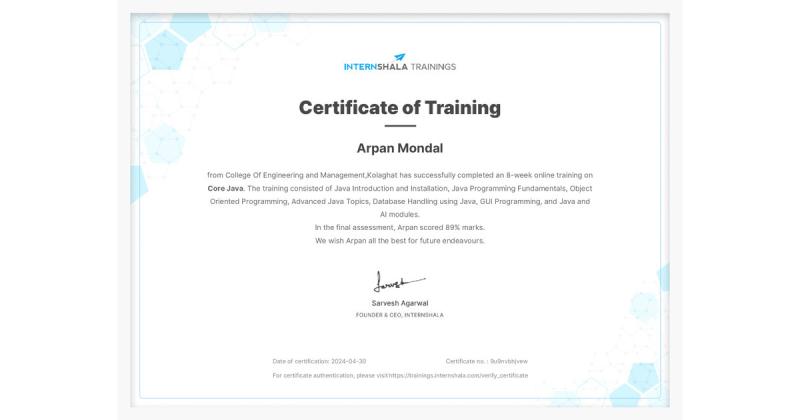Arpan Mondal on LinkedIn: Successfully completed the Core Java training ... Arpan Mondal on LinkedIn: Successfully completed the Core Java training ...