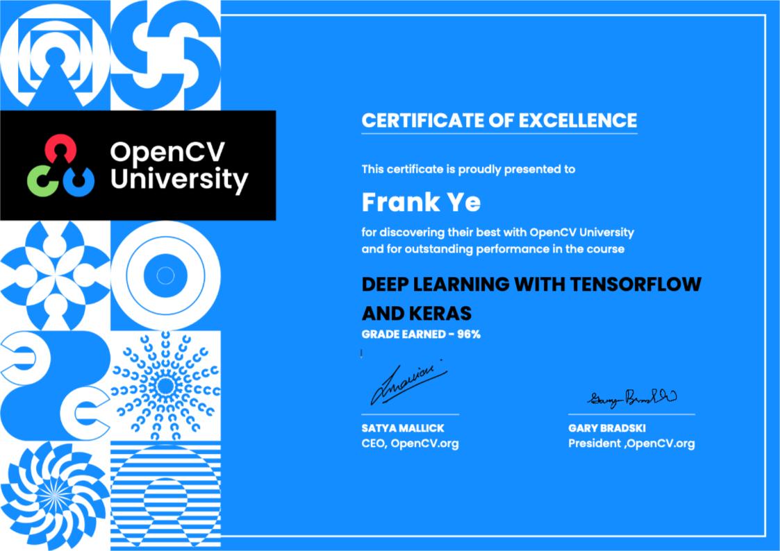 Frank Ye on LinkedIn: OpenCV DLTK Certificate | OpenCV Frank Ye on LinkedIn: OpenCV DLTK Certificate | OpenCV