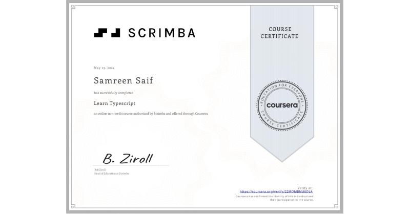 Samreen Saif on LinkedIn: Completion Certificate for Learn TypeScript Samreen Saif on LinkedIn: Completion Certificate for Learn TypeScript