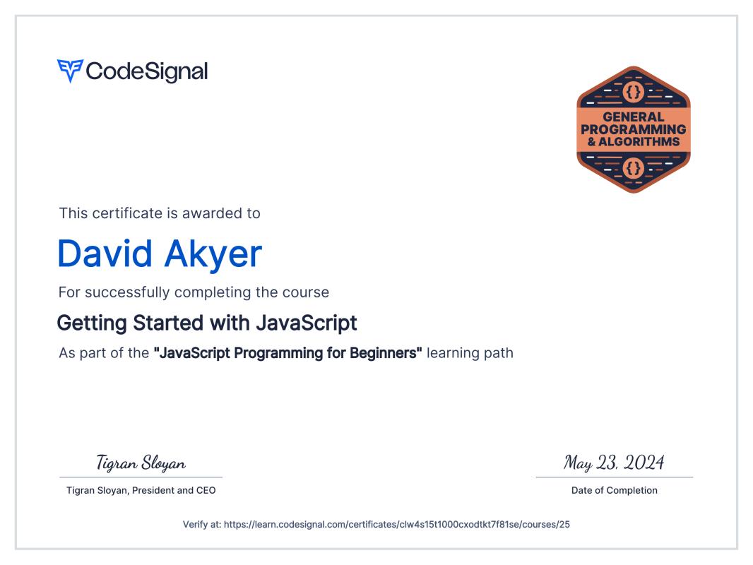 David Akyer on LinkedIn: CodeSignal Course Certificate of Achievement David Akyer on LinkedIn: CodeSignal Course Certificate of Achievement