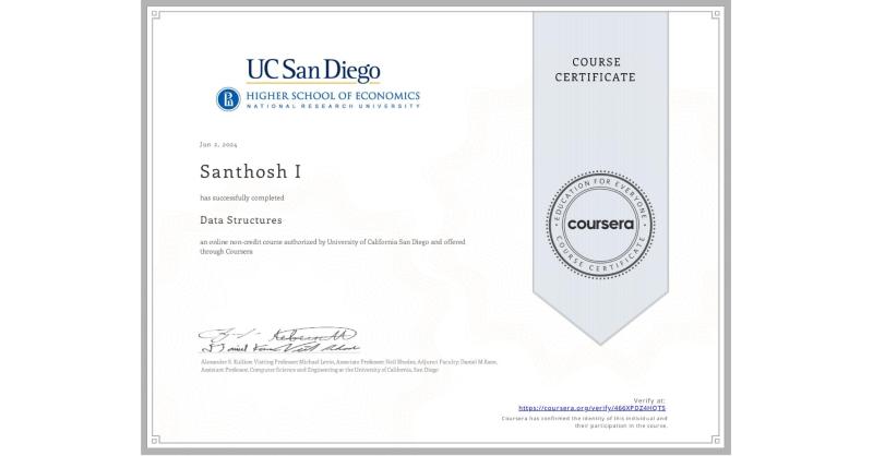 Santhosh Iyyappan on LinkedIn: Completion Certificate for Data Structures Santhosh Iyyappan on LinkedIn: Completion Certificate for Data Structures