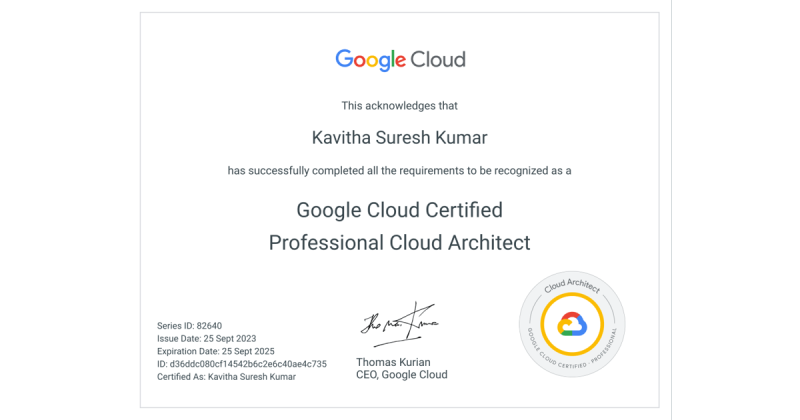 Kavitha Suresh Kumar on LinkedIn: Professional Cloud Architect ... Kavitha Suresh Kumar on LinkedIn: Professional Cloud Architect ...