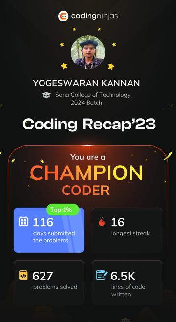 YOGESWARAN KANNAN on LinkedIn: Coding Recap'23 | Coding Ninjas YOGESWARAN KANNAN on LinkedIn: Coding Recap'23 | Coding Ninjas