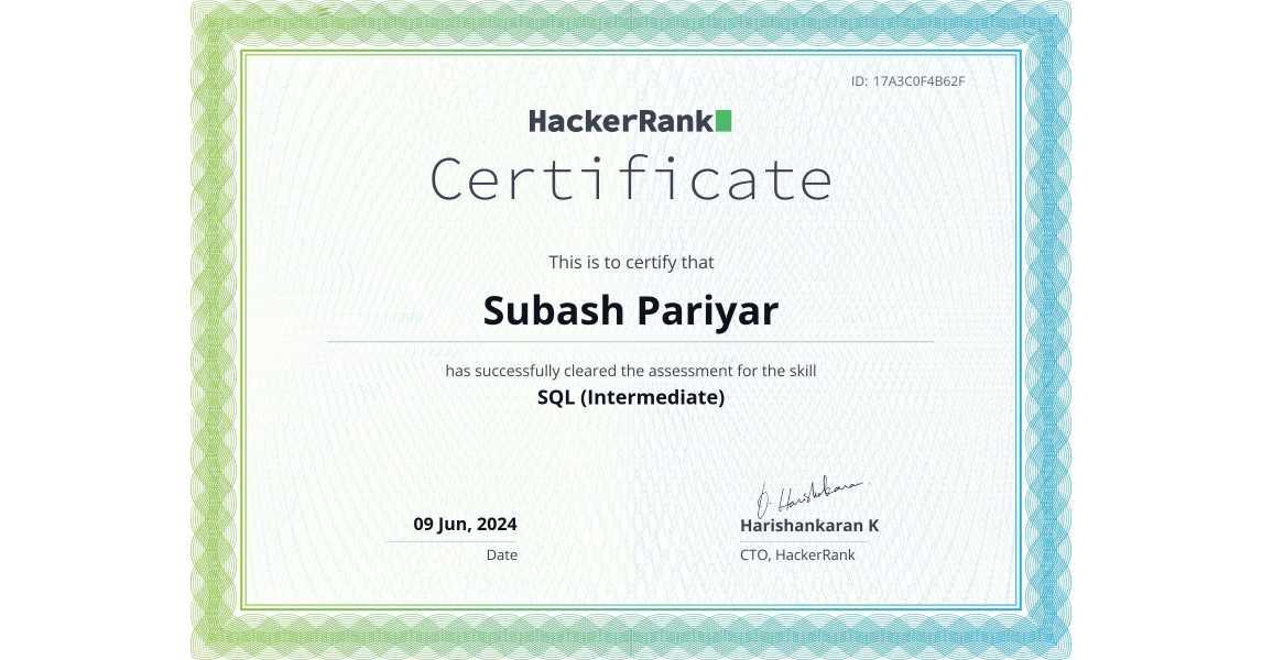 Subash Pariyar on LinkedIn: HackerRank Skill Certificate Subash Pariyar on LinkedIn: HackerRank Skill Certificate