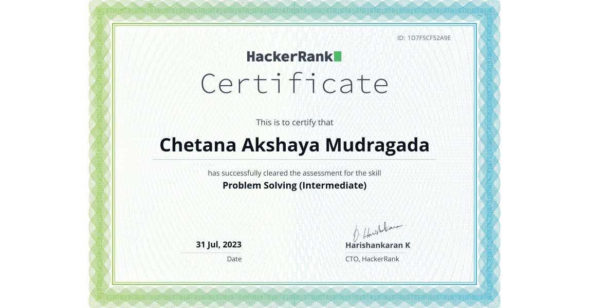 Chetana Akshaya Mudragada on LinkedIn: HackerRank Skill Certificate Chetana Akshaya Mudragada on LinkedIn: HackerRank Skill Certificate