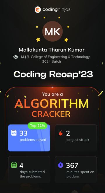 Mallakunta Tharun Kumar on LinkedIn: Coding Recap'23 | Coding Ninjas Mallakunta Tharun Kumar on LinkedIn: Coding Recap'23 | Coding Ninjas