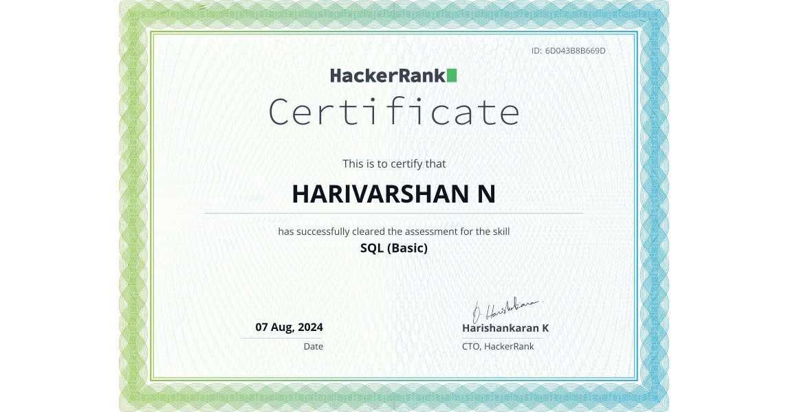 Harivarshan N on LinkedIn: HackerRank Skill Certificate Harivarshan N on LinkedIn: HackerRank Skill Certificate