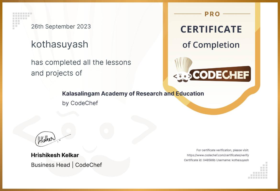 Kotha Suyash on LinkedIn: CodeChef Certificate - kothasuyash Kotha Suyash on LinkedIn: CodeChef Certificate - kothasuyash