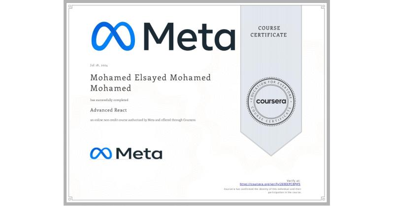 Mohamed Elsayed on LinkedIn: Completion Certificate for Advanced React Mohamed Elsayed on LinkedIn: Completion Certificate for Advanced React