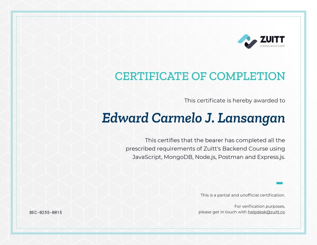 Edward Carmelo Lansangan on LinkedIn: Zuitt Coding Bootcamp Certificate ... Edward Carmelo Lansangan on LinkedIn: Zuitt Coding Bootcamp Certificate ...