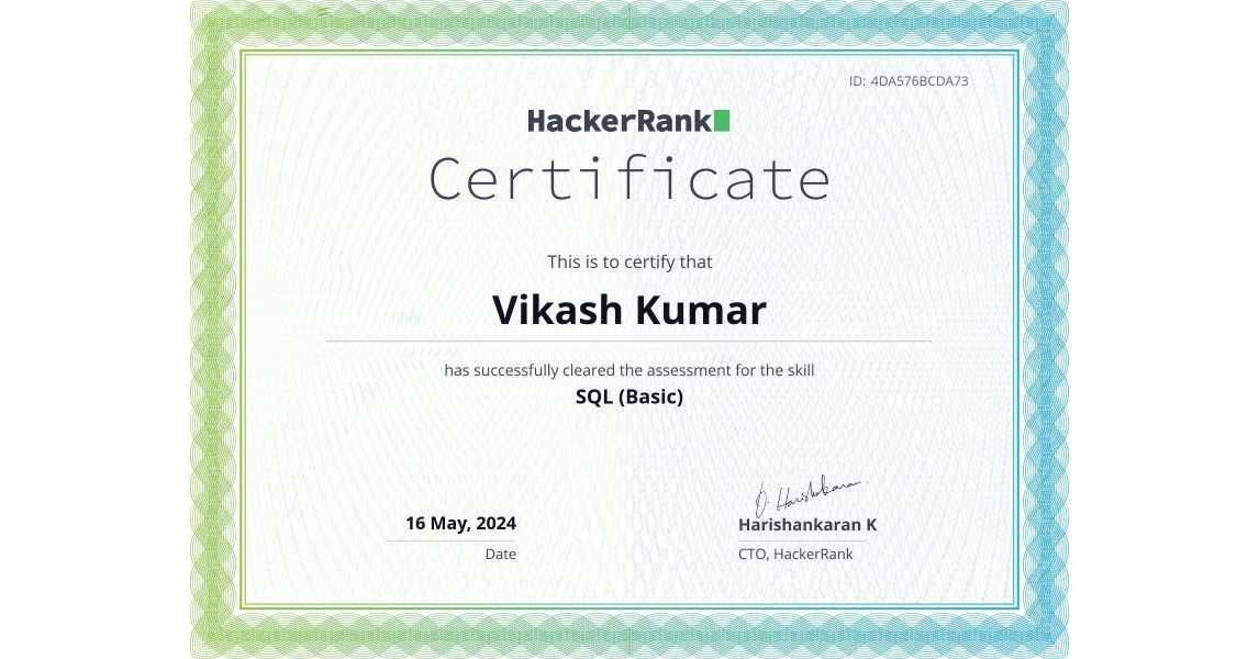 Vikash Kumar on LinkedIn: HackerRank Skill Certificate Vikash Kumar on LinkedIn: HackerRank Skill Certificate