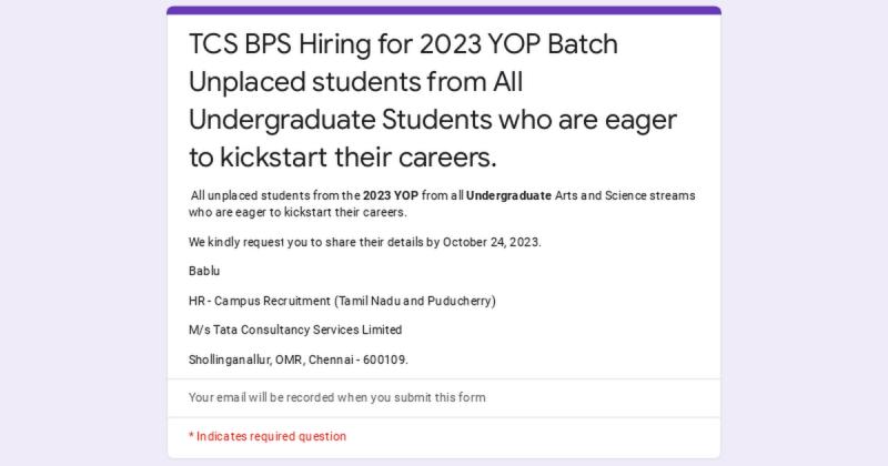 heberplacement Bishop on LinkedIn: TCS BPS Hiring for 2023 YOP Batch ... heberplacement Bishop on LinkedIn: TCS BPS Hiring for 2023 YOP Batch ...