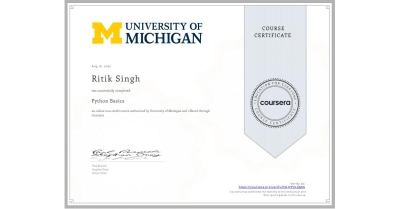 Ritik Singh on LinkedIn: Completion Certificate for Python Basics Ritik Singh on LinkedIn: Completion Certificate for Python Basics