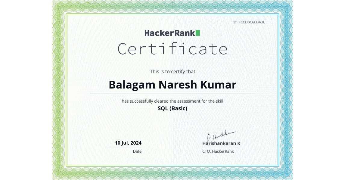 Naresh Kumar on LinkedIn: HackerRank Skill Certificate Naresh Kumar on LinkedIn: HackerRank Skill Certificate