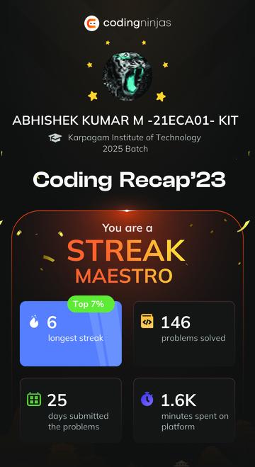 ABHISHEK KUMAR M on LinkedIn: Coding Recap'23 | Coding Ninjas ABHISHEK KUMAR M on LinkedIn: Coding Recap'23 | Coding Ninjas