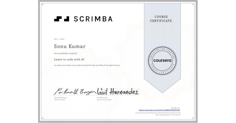 Sonu Kumar on LinkedIn: Completion Certificate for Learn to code with AI Sonu Kumar on LinkedIn: Completion Certificate for Learn to code with AI