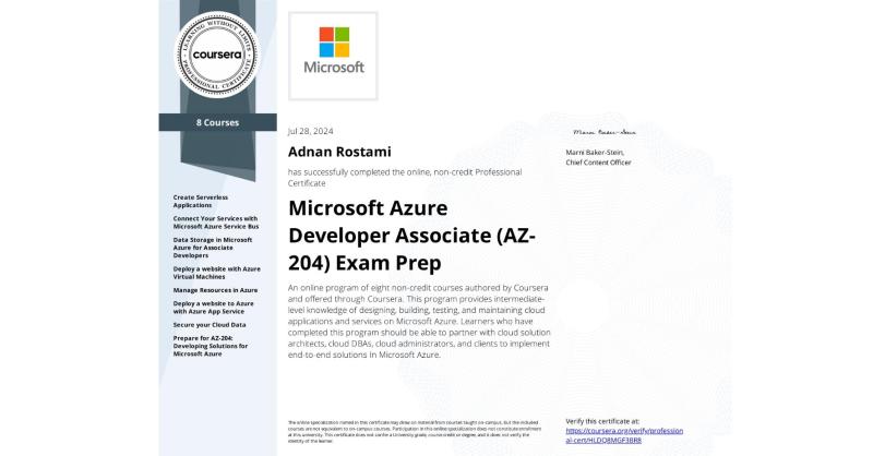 Adnan Rostami on LinkedIn: Completion Certificate for Microsoft Azure ... Adnan Rostami on LinkedIn: Completion Certificate for Microsoft Azure ...