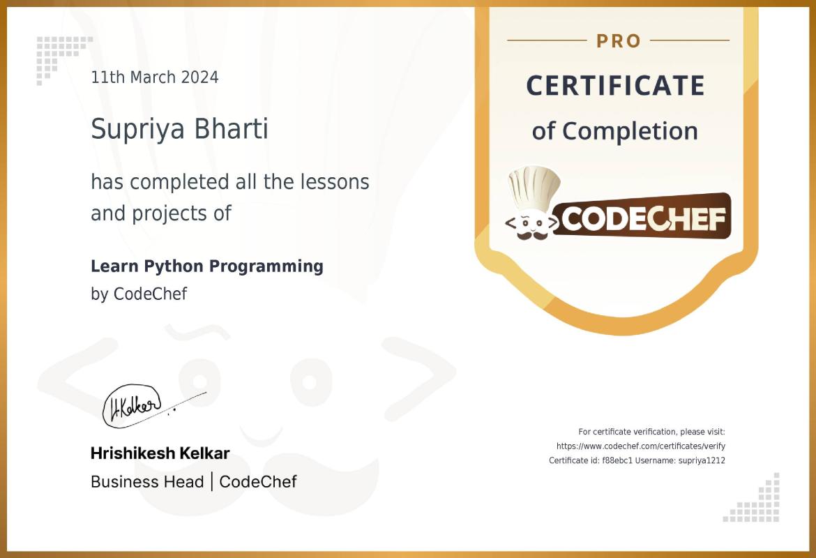Supriya Bharti on LinkedIn: CodeChef Certificate - Supriya Bharti Supriya Bharti on LinkedIn: CodeChef Certificate - Supriya Bharti