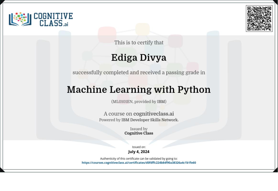Divya Ediga on LinkedIn: IBM ML0101EN Certificate | Cognitive Class Divya Ediga on LinkedIn: IBM ML0101EN Certificate | Cognitive Class