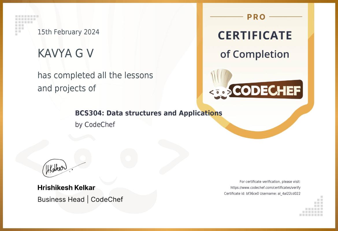Kavya G V on LinkedIn: CodeChef Certificate - KAVYA G V Kavya G V on LinkedIn: CodeChef Certificate - KAVYA G V